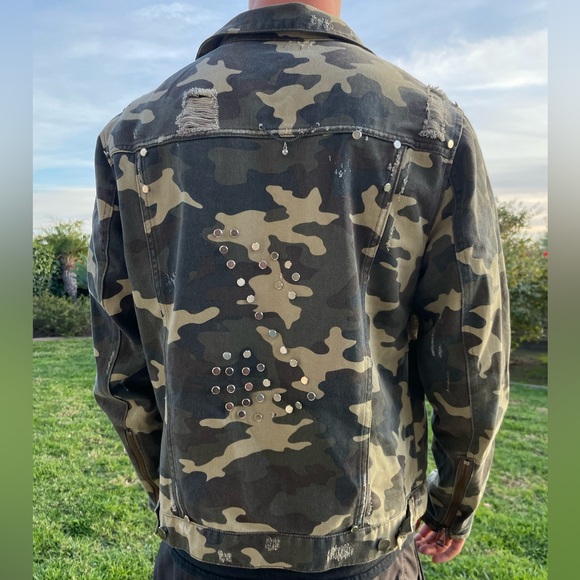 Jackets & Coats | Custom Army Camo Denim Jacket With Studs Size M ...
